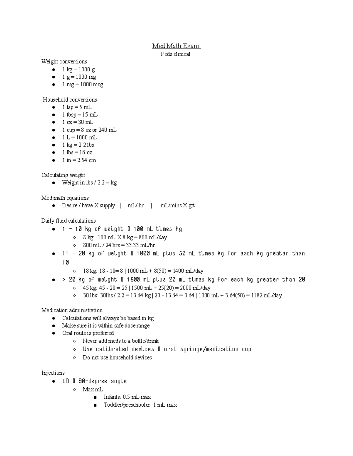 Peds Med Math Exam - study guide - Med Math Exam Peds clinical Weight ...