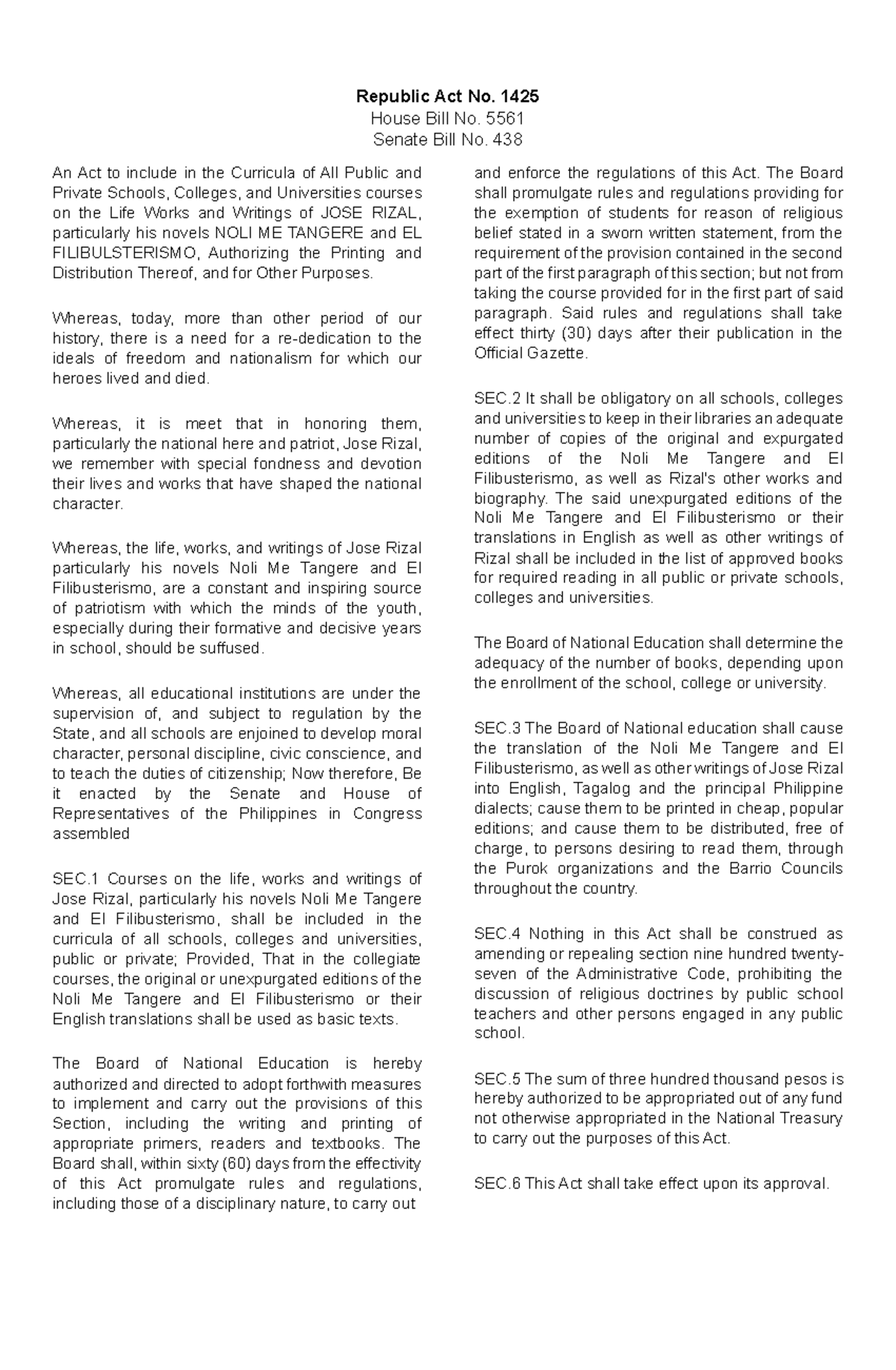 Republic Act No Can Serve As Reviewer Republic Act No 1425 House