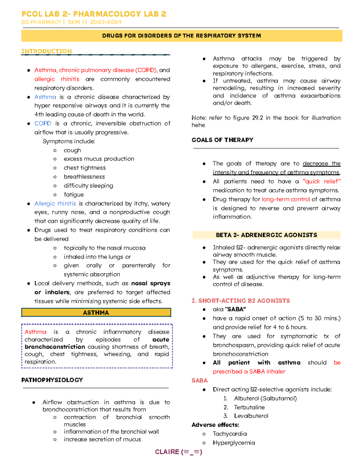 pharmacology - drugs for respiratory disorders - PCOL LAB 2 ...
