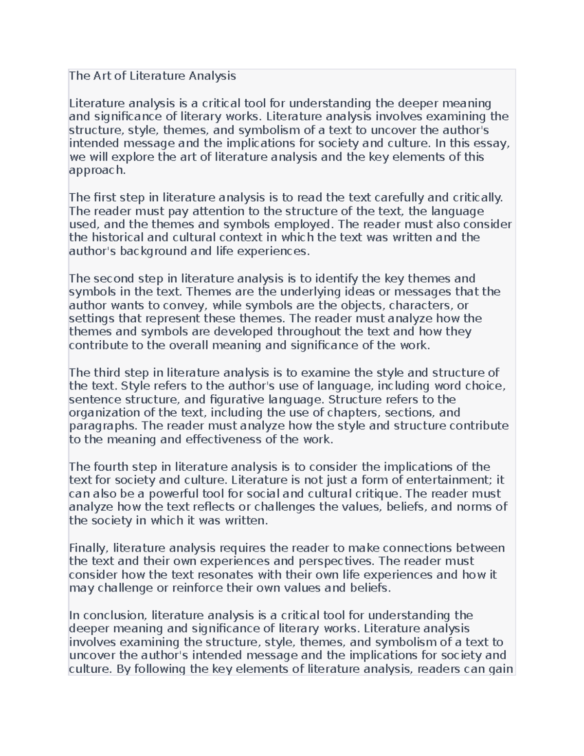 The Art Of Literature Analysis The Art Of Literature Analysis