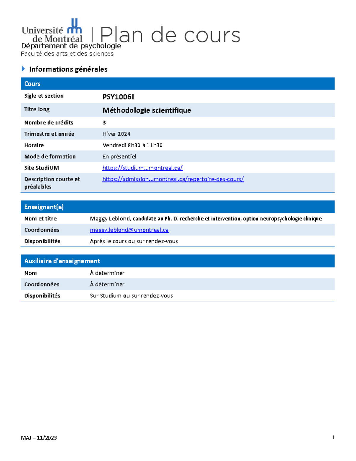 PSY1006 I-Plan de cours final - Faculté des arts et des sciences Informations générales Cours ...
