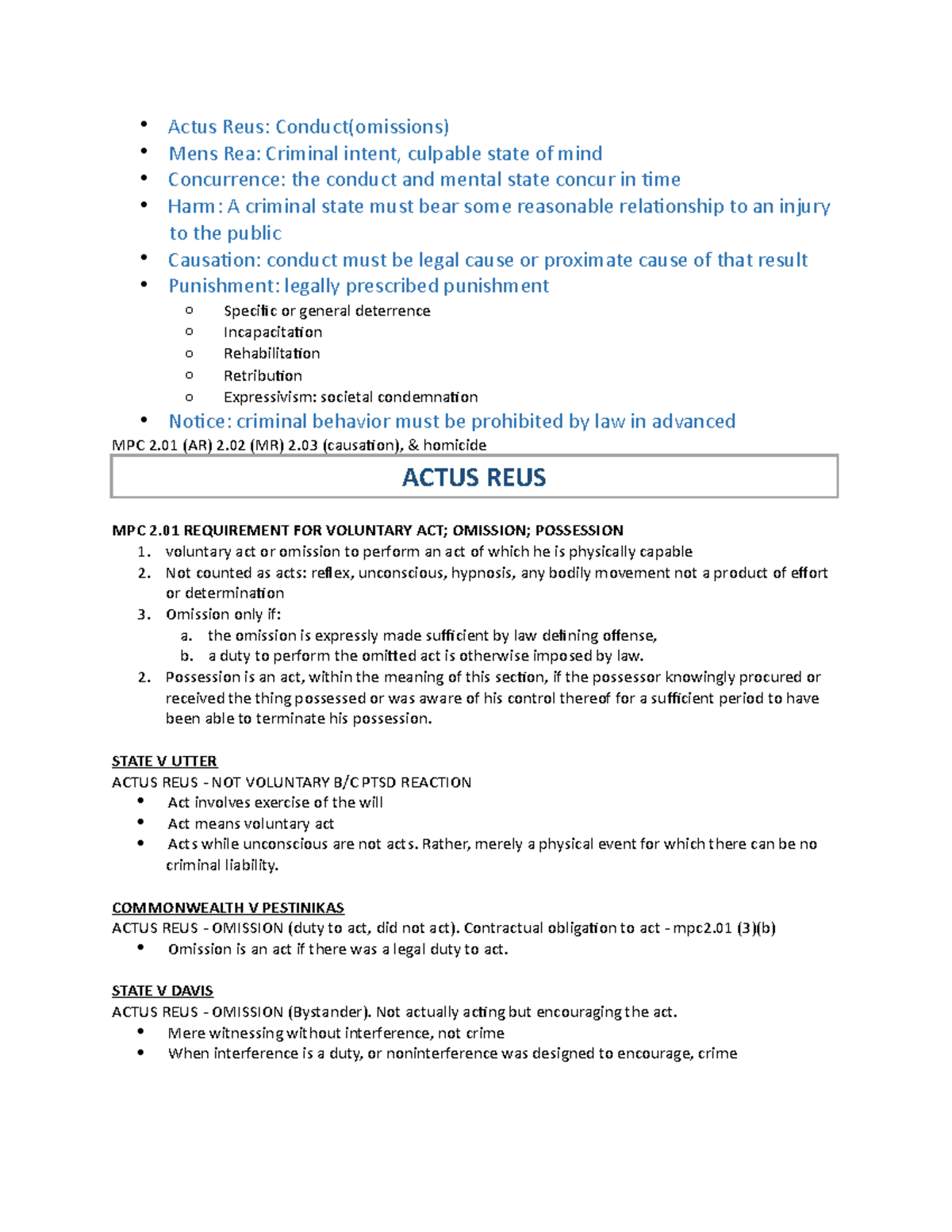 Crim Law attack outline - Actus Reus: Conduct(omissions) Mens Rea ...