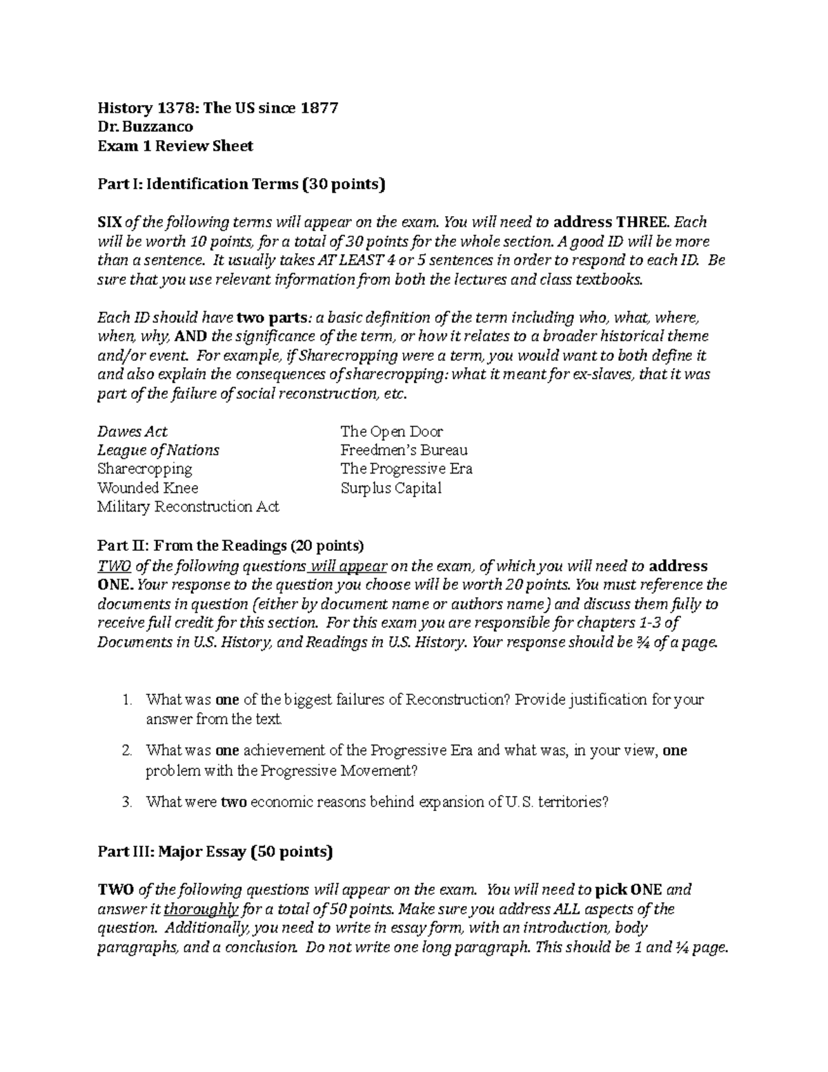 History 1378 Exam 1 Review - History 1378: The US since 1877 Dr ...