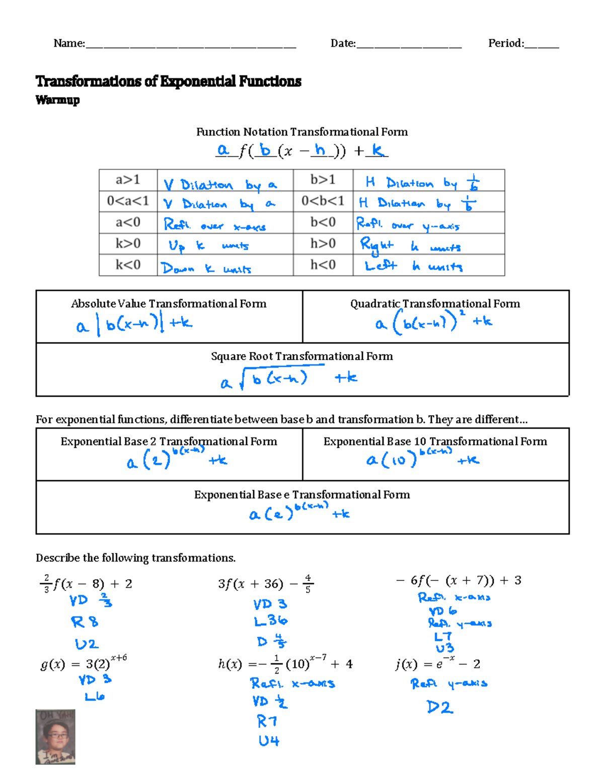 JLR Key Transformations of Exponentials - Transformations of Exponential Functions Warmup ...