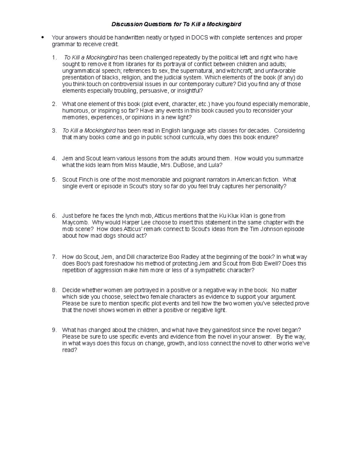 Seminar questions end of novel tkam - Discussion Questions for To Kill ...