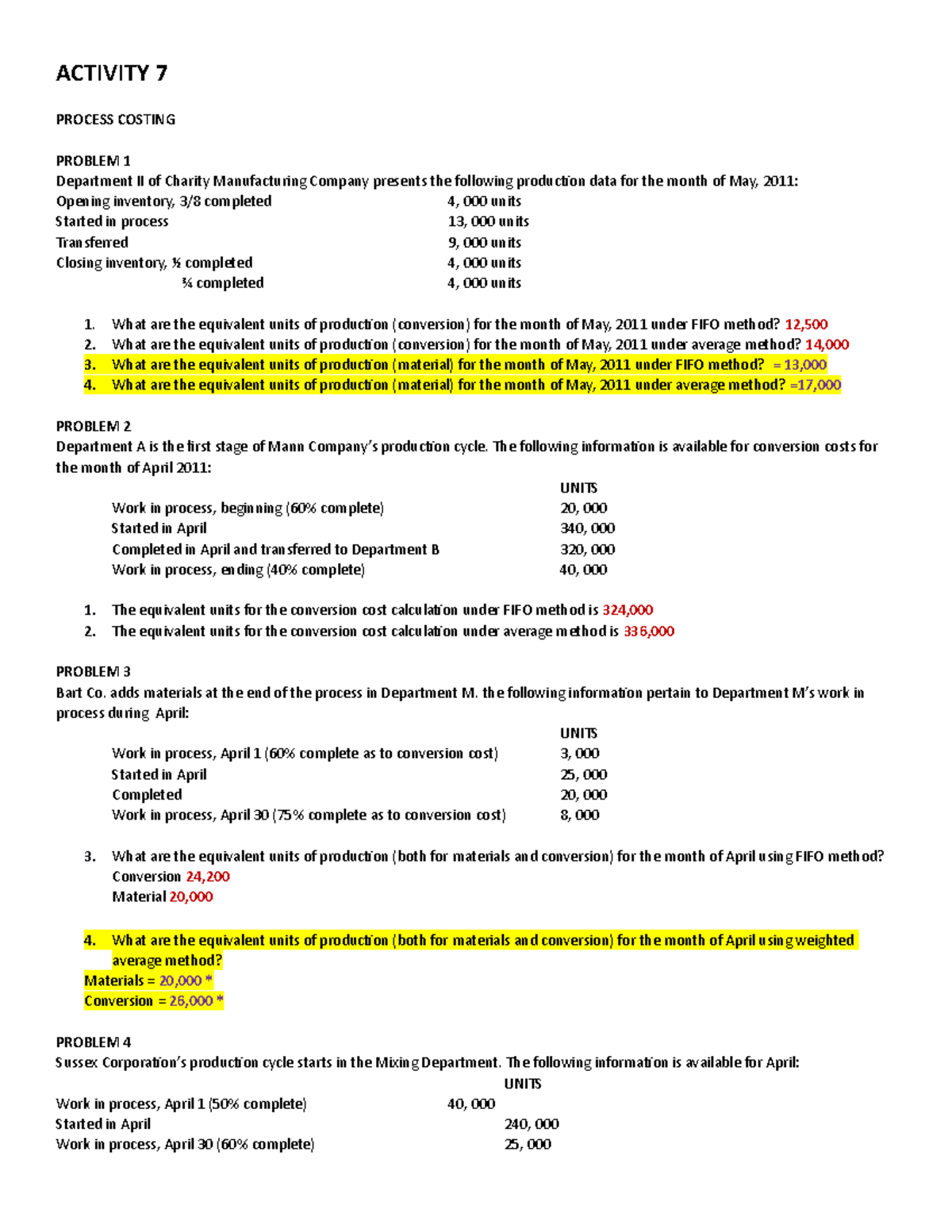 Activity 7 SEMI Final NA Final NA Final NA - ACTIVITY 7 PROCESS COSTING PROBLEM 1 Department II ...
