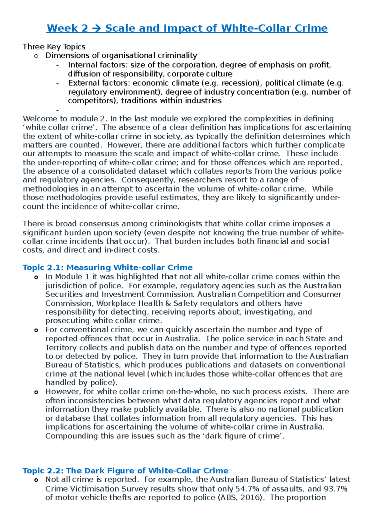 Week 2 - Lecture Notes - Week 2 Scale and Impact of White-Collar Crime ...