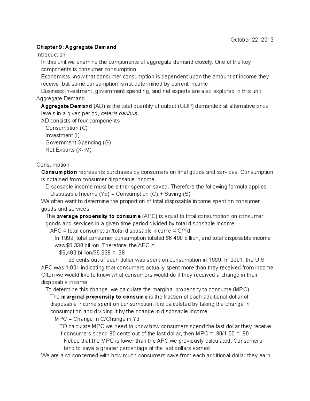ECON 2020 - Lecture Notes on Chapter 9 - Aggregate Demand - October 22 ...