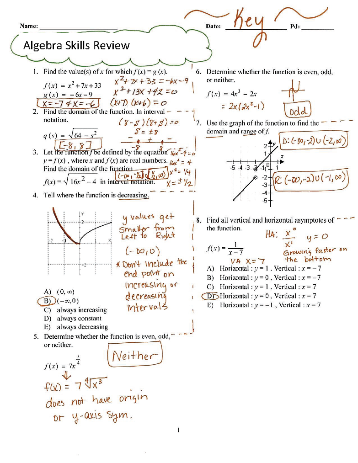 Alg Skills Review key - math stuff - Name: Date: Key Pd: Algebra Skills ...