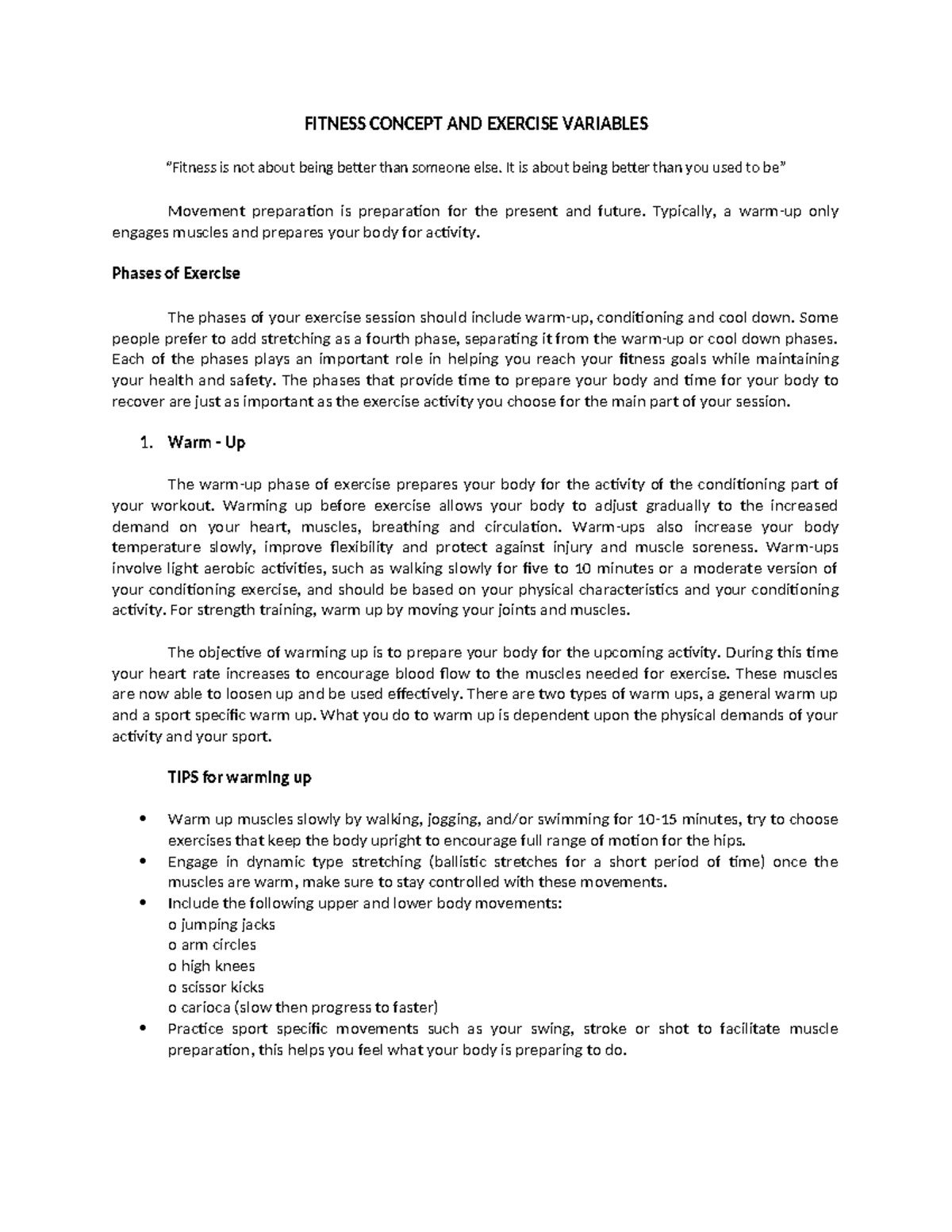 Pe 101 lecture 3 - Phase of exercise - FITNESS CONCEPT AND EXERCISE ...