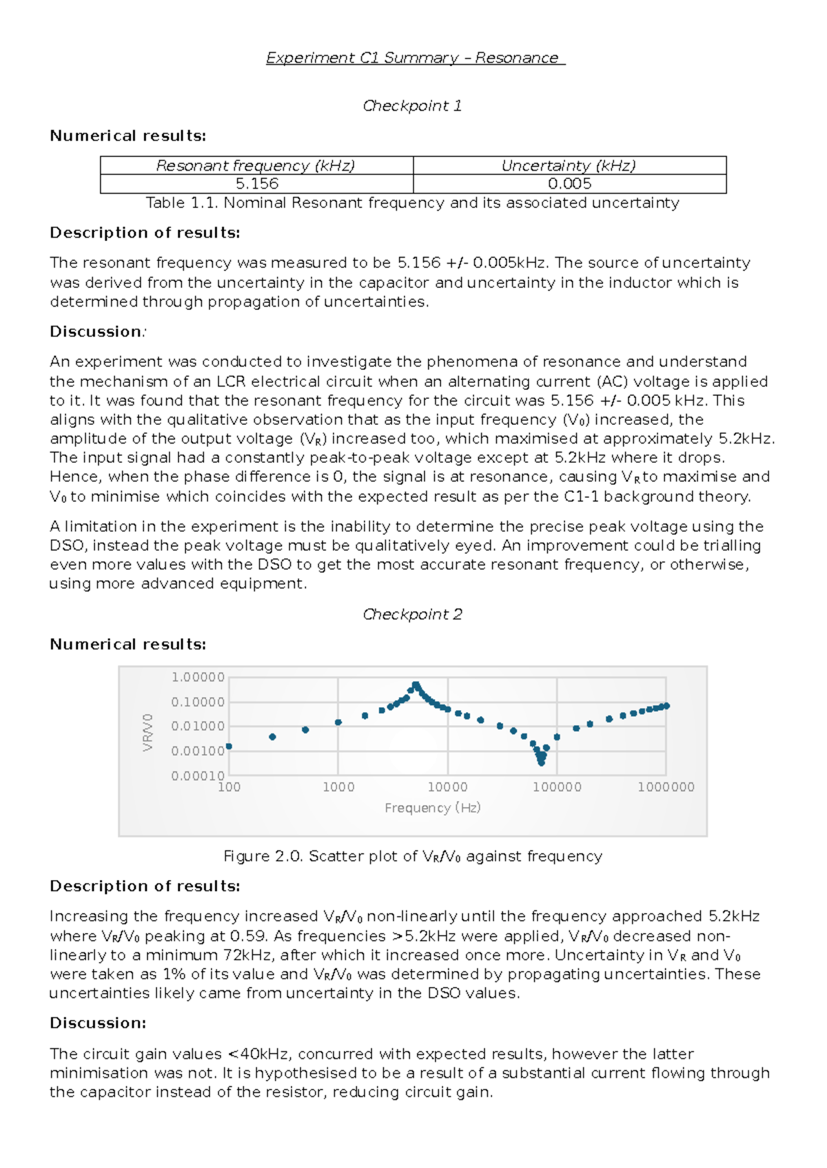 Experiment C1 Summary - Distinction mark. - Experiment C1 Summary ...