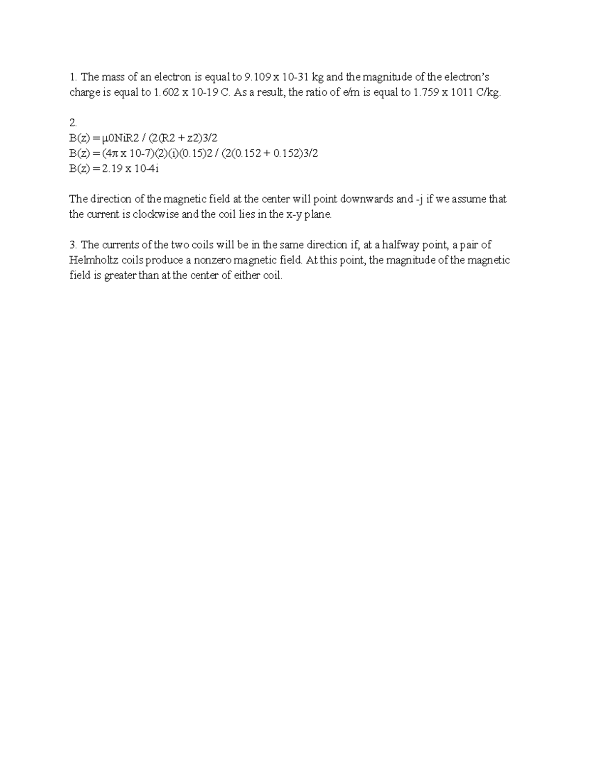 B1 prelab - physics II lab - The mass of an electron is equal to 9 x 10-31 kg and the magnitude ...