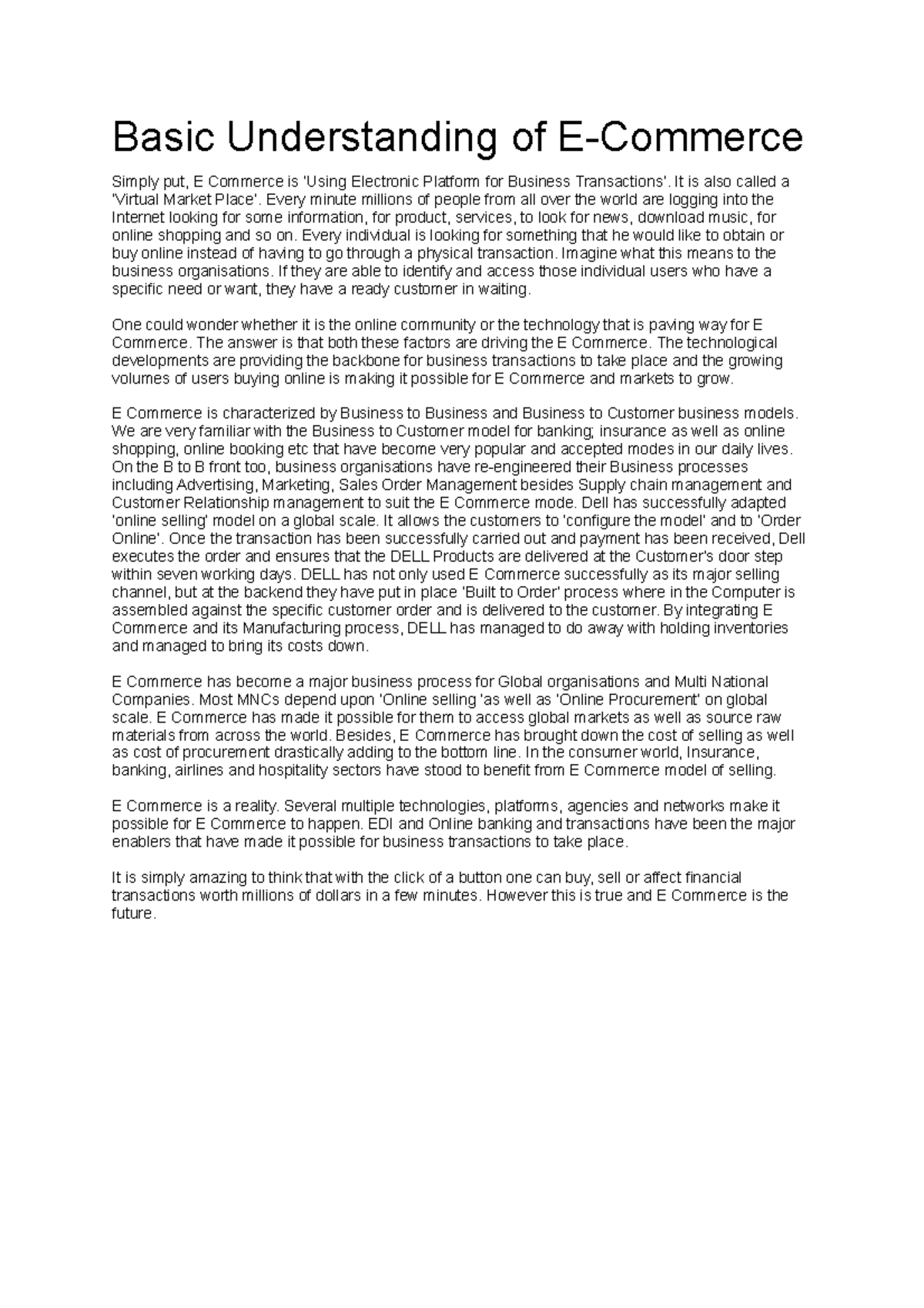 Basic Understanding of E - Basic Understanding of E-Commerce Simply put ...