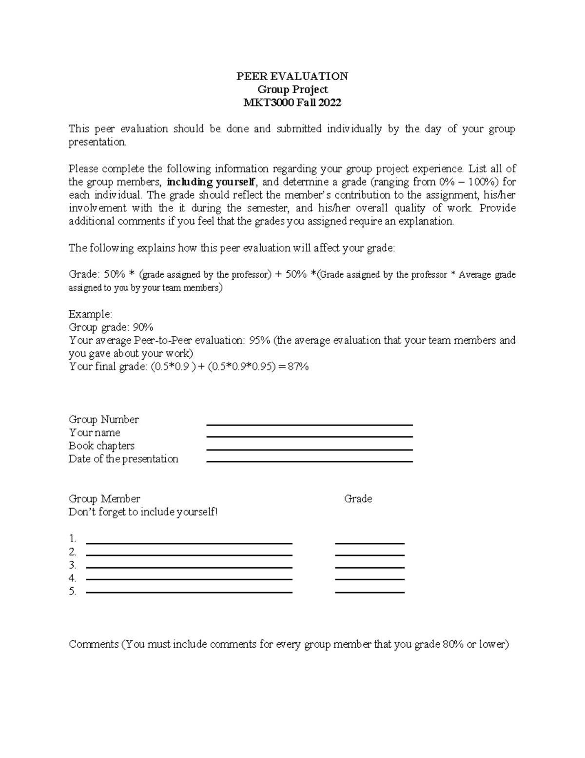 Peer Evaluation Template - PEER EVALUATION Group Project MKT3000 Fall ...
