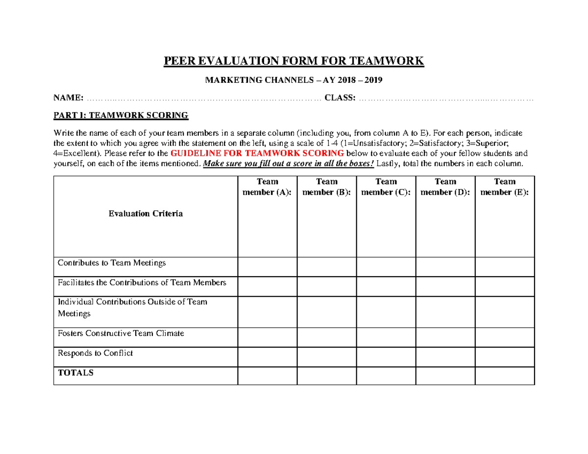 [ENG] PEER Evaluation FORM FOR Teamwork - PEER EVALUATION FORM FOR ...