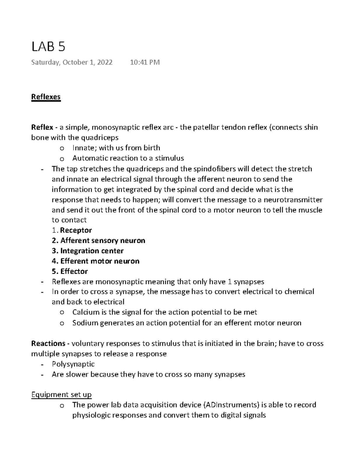 LAB 5 - Marquardt - Reflexes Reflex - a simple, monosynaptic reflex arc ...