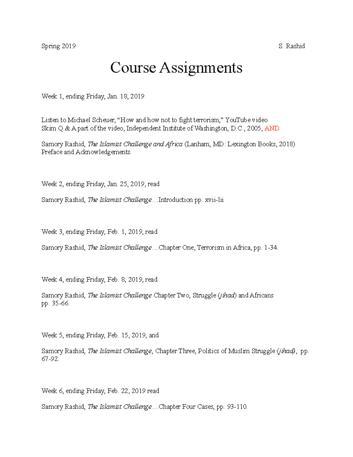 Course Assignments S 19 - Spring 2019 S. Rashid Course Assignments Week ...