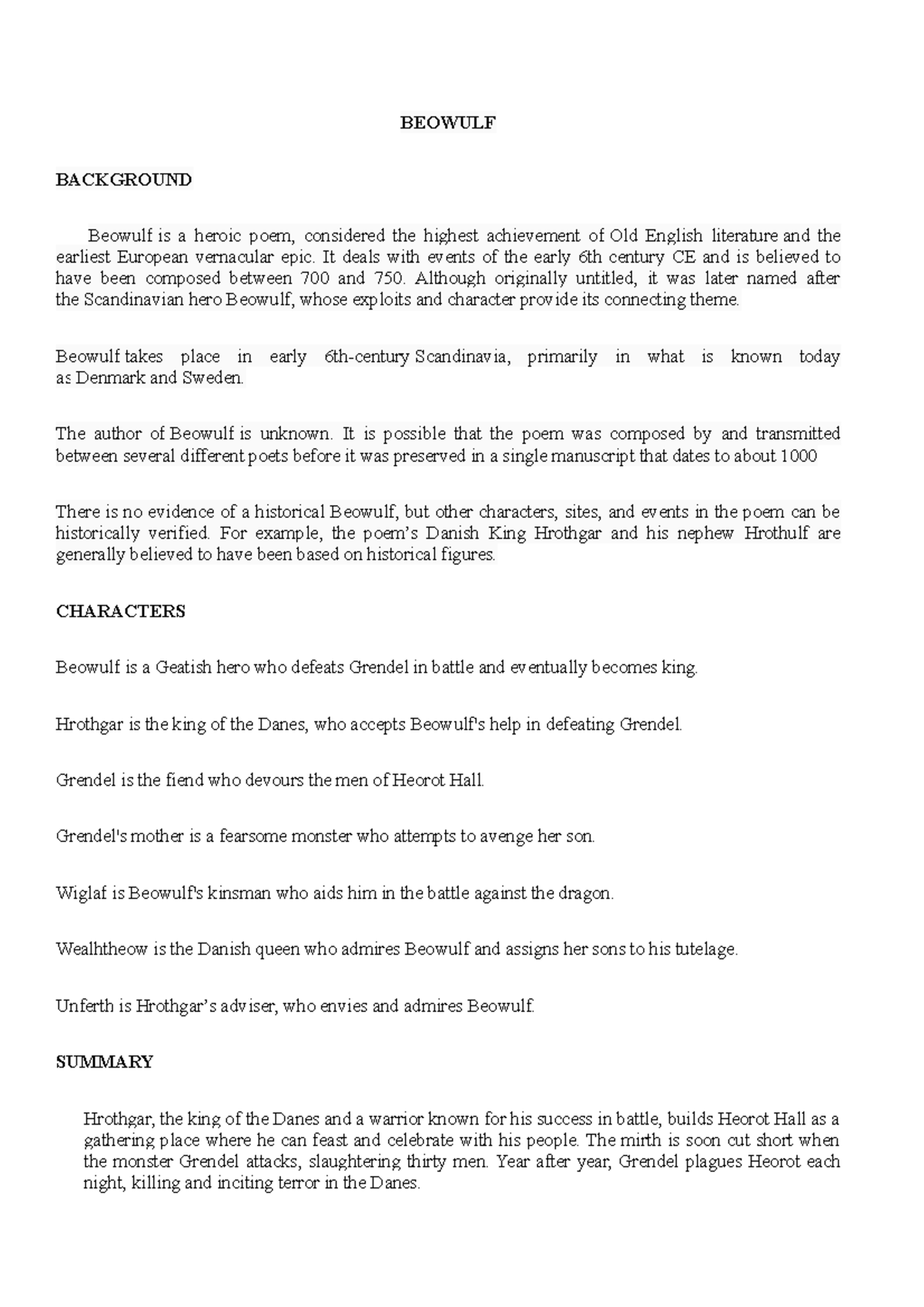 Beowulf docs - BEOWULF BACKGROUND Beowulf is a heroic poem, considered ...