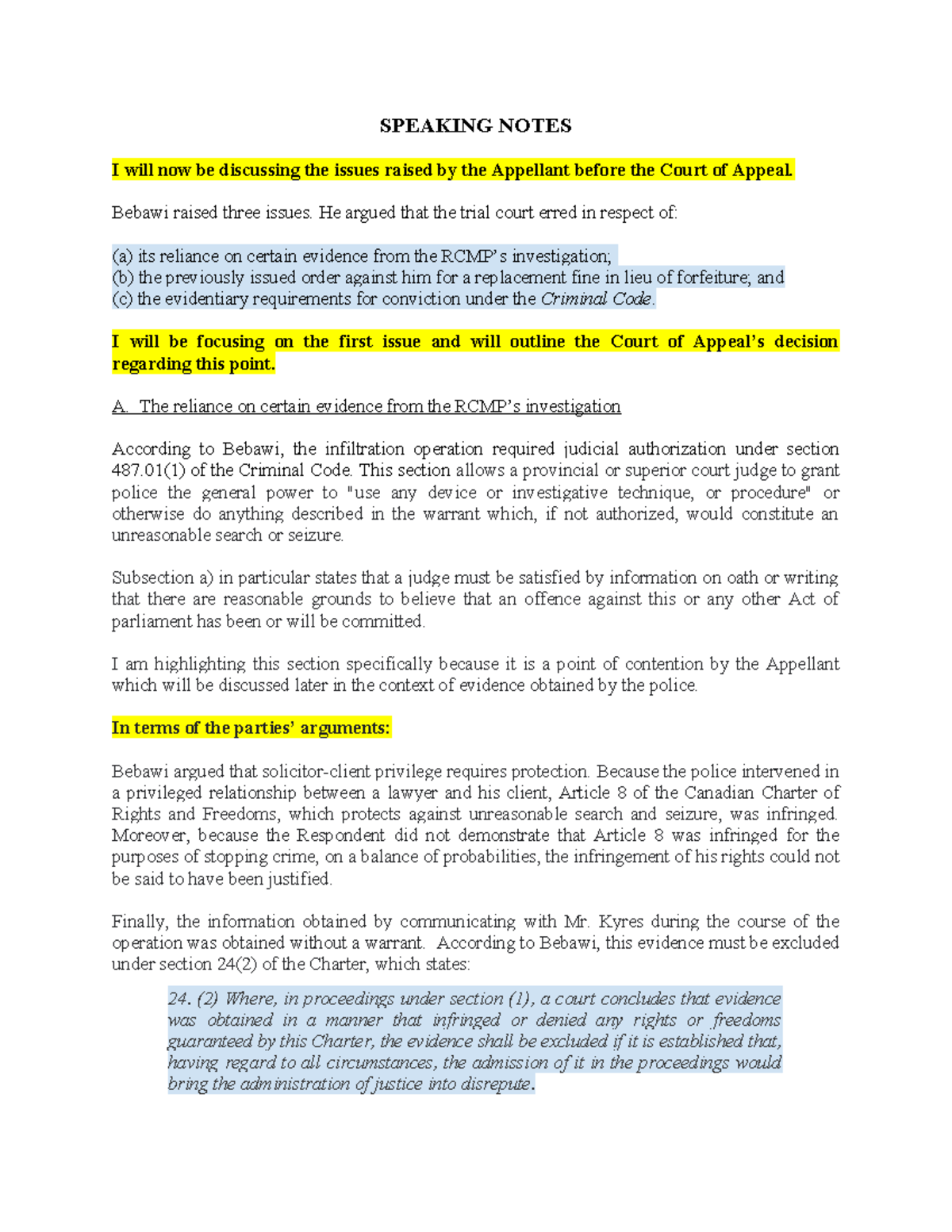 Speaking Notes Bebawi Case - SPEAKING NOTES I will now be discussing ...