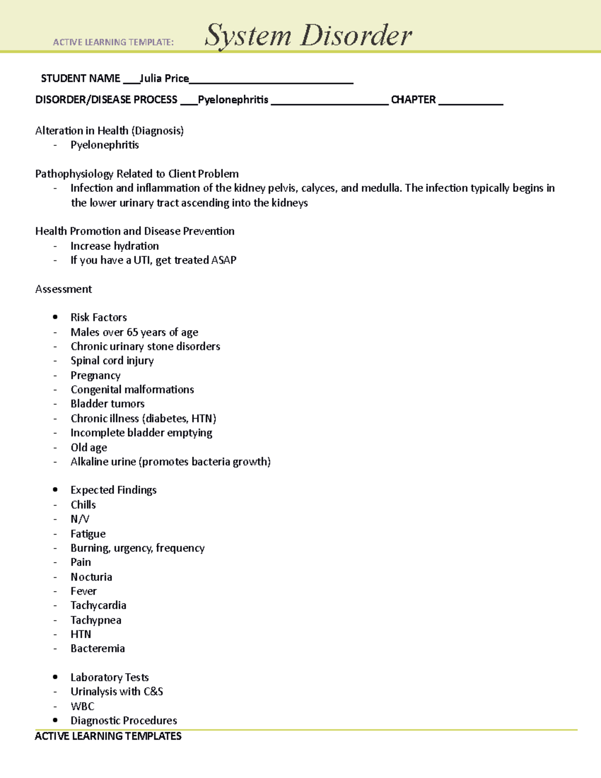 System Disorder- pyelonephritis - STUDENT NAME Julia Price ...