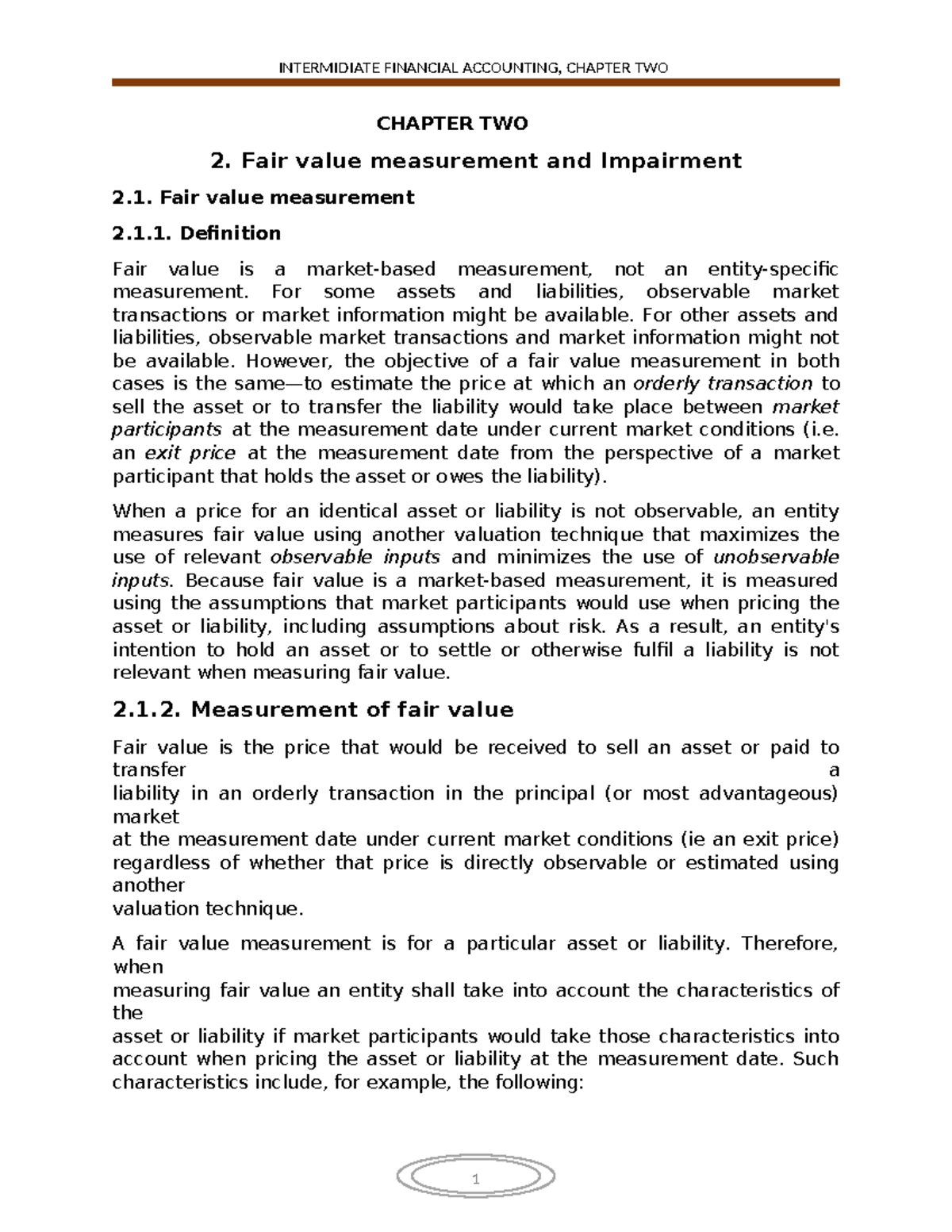 IFA Chapter 2 - CHAPTER TWO 2. Fair value measurement and Impairment 2 ...