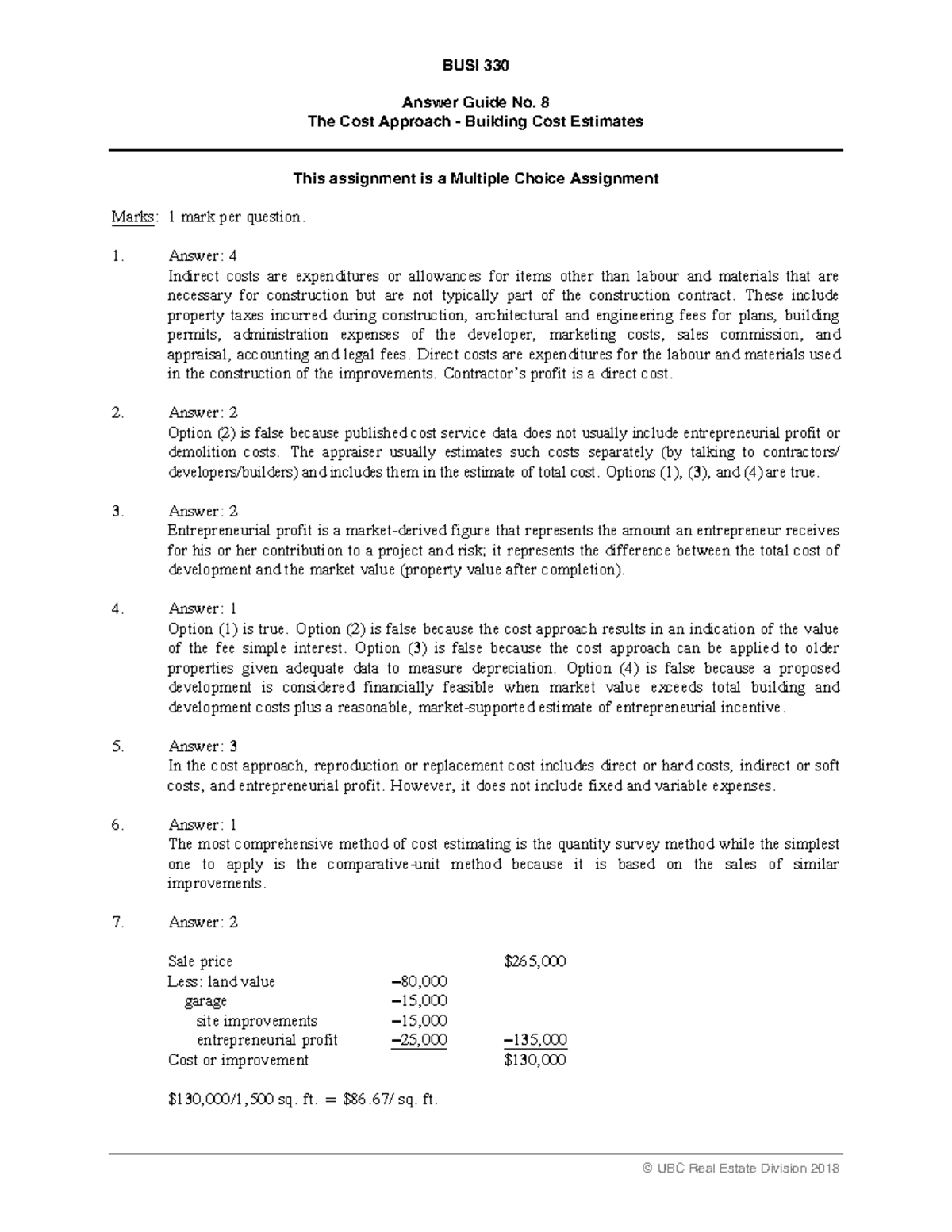assignment 8 answer - BUSI 330 Answer Guide No. 8 The Cost Approach ...