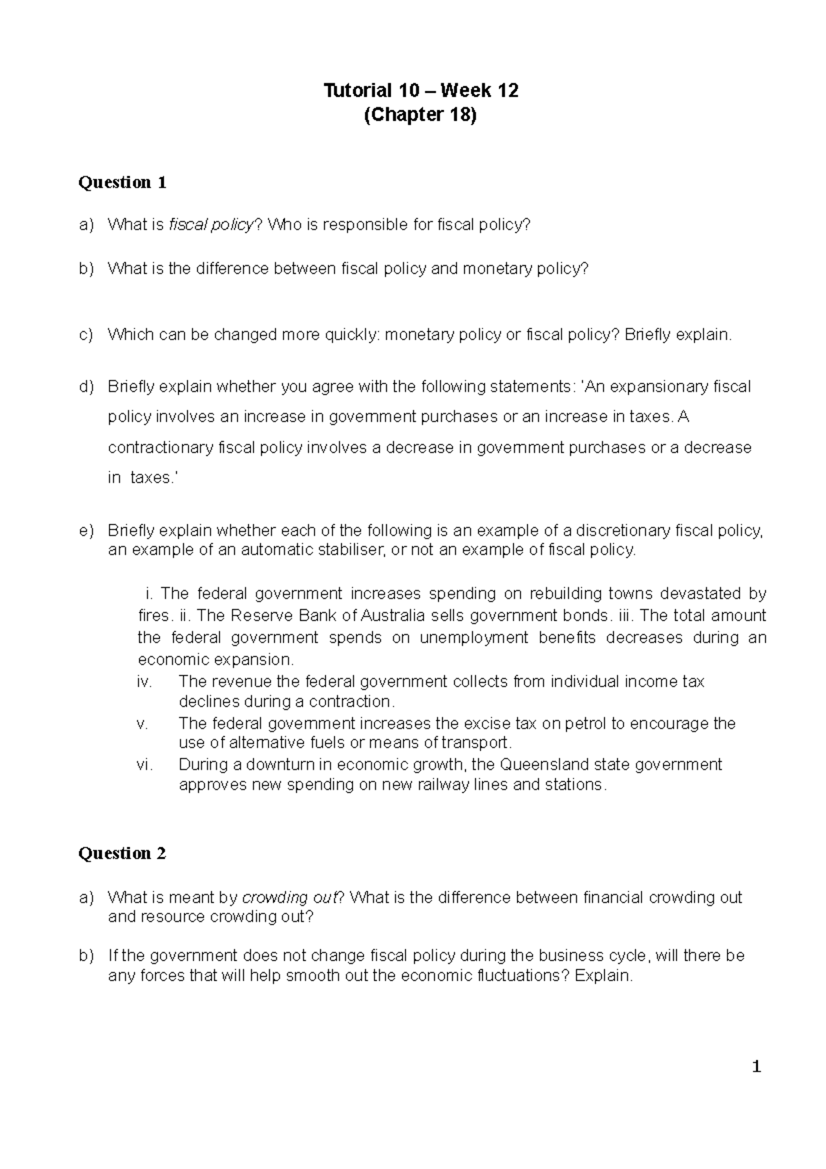 Week 12 Questions - Week 12 - Tutorial 10 – Week 12 (Chapter 18 ...