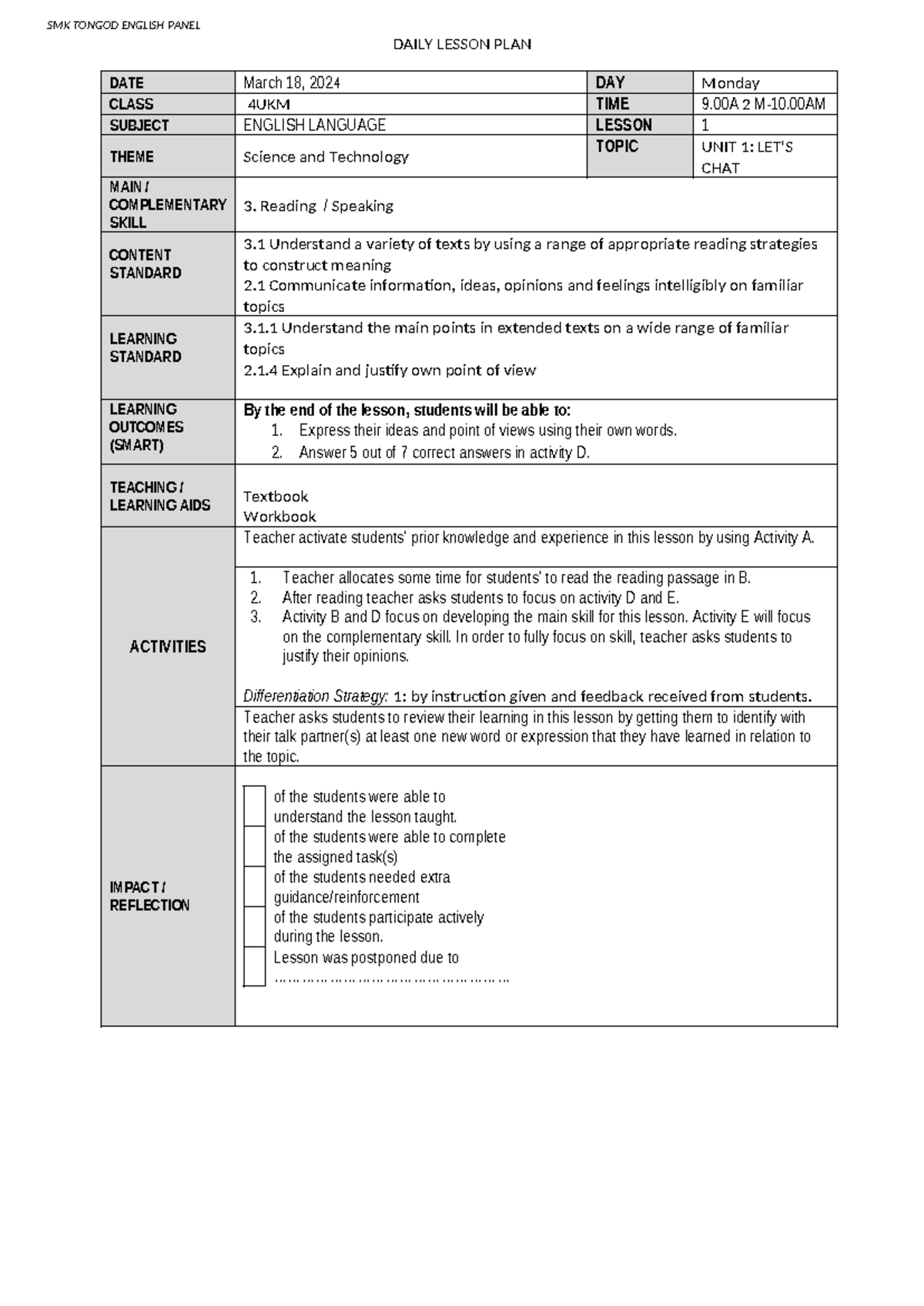RPH F4 - 2023 - SMK TONGOD ENGLISH PANEL DAILY LESSON PLAN DATE March ...