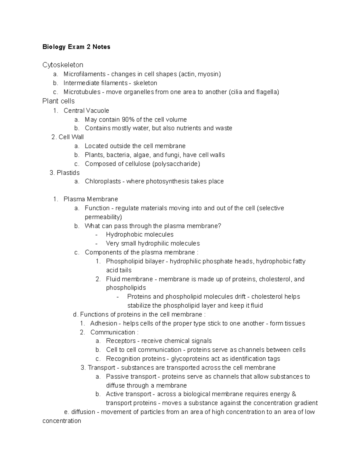 Biology Exam 2 Notes - Biology Exam 2 Notes Cytoskeleton a ...