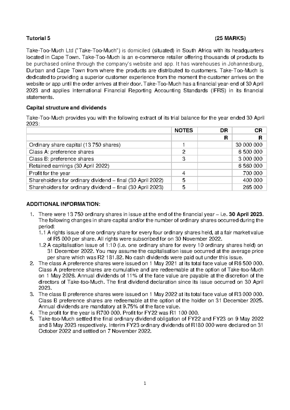 Tutorial 5 - Owners equity and EPS - question - 1 Tutorial 5 ( 25 MARKS ...