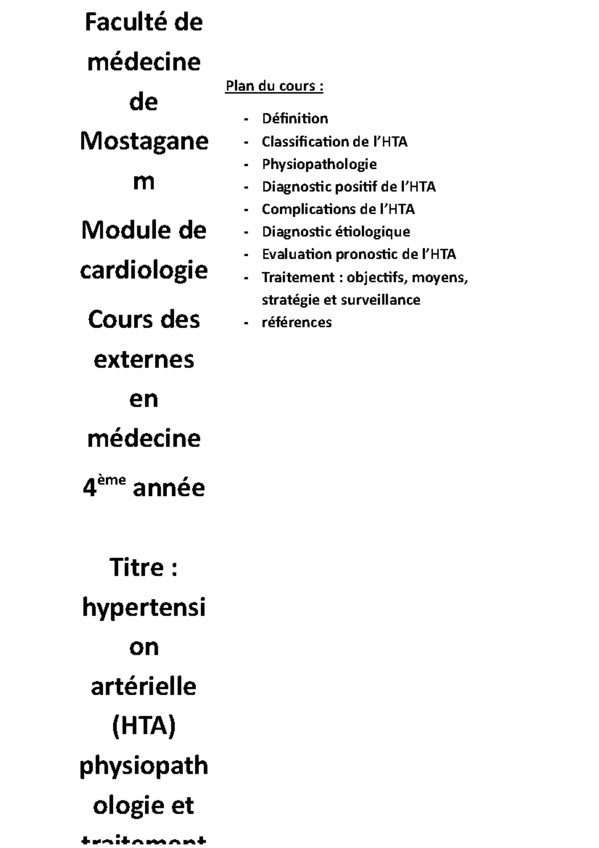 Hypertension artérielle - Plan du cours : Définition Classification de ...
