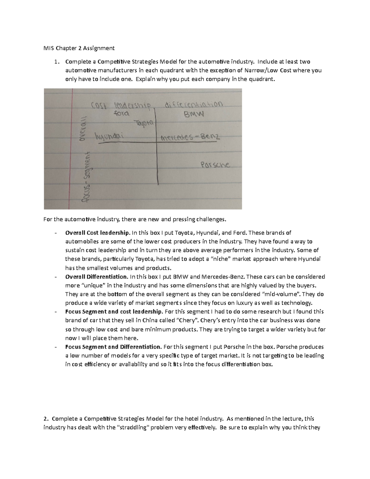 MIS Chapter 2 Assignment - MIS Chapter 2 Assignment Complete a Competitive Strategies Model for ...