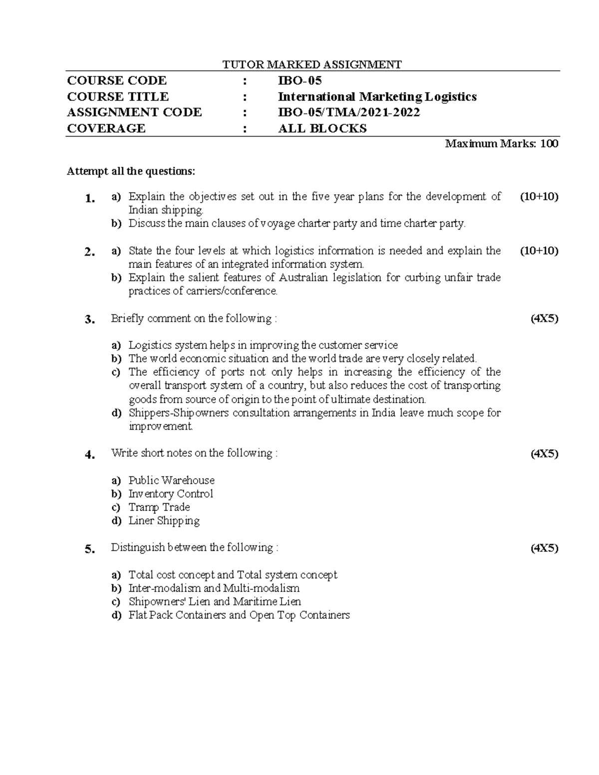 IBO-5 EM - IGNOU Student - TUTOR MARKED ASSIGNMENT COURSE CODE : IBO- COURSE TITLE ...