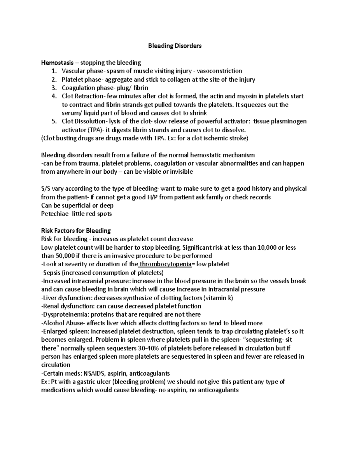 Bleeding Disorders Notes - Bleeding Disorders Hemostasis stopping the ...
