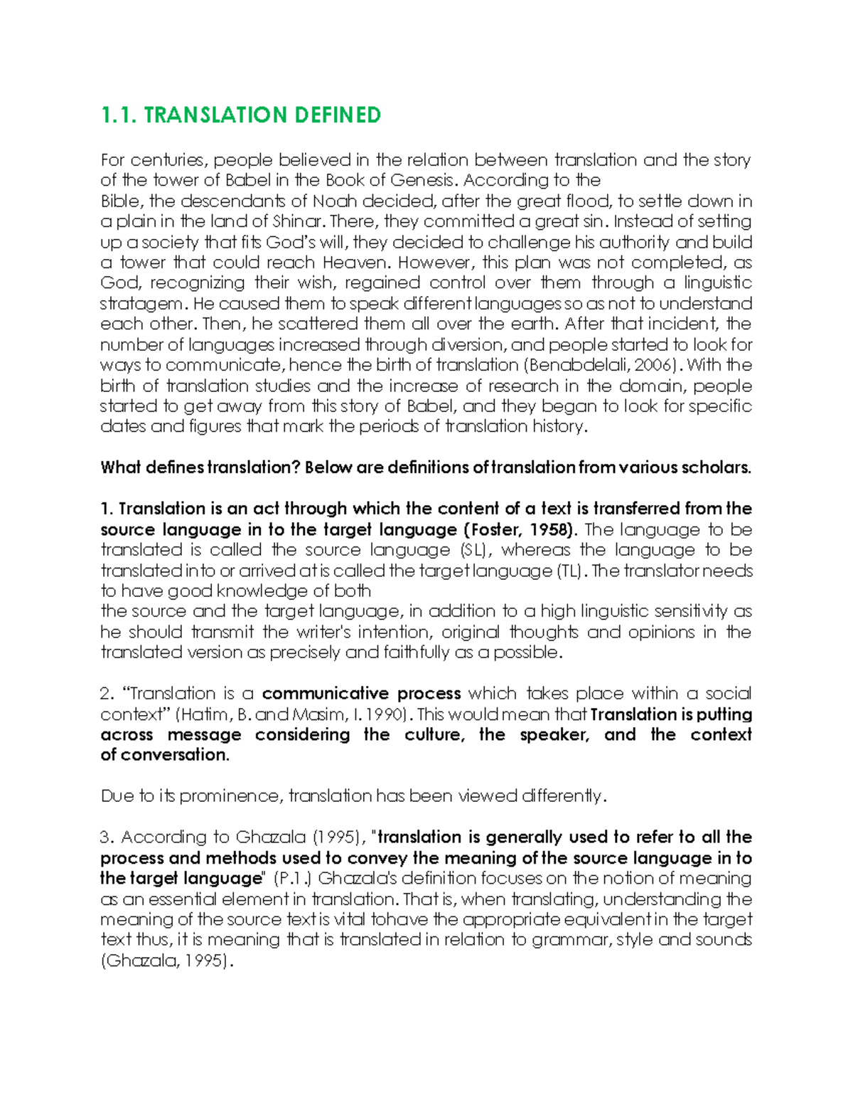 Unit 1 Lecture Translation - 1. TRANSLATION DEFINED For centuries ...