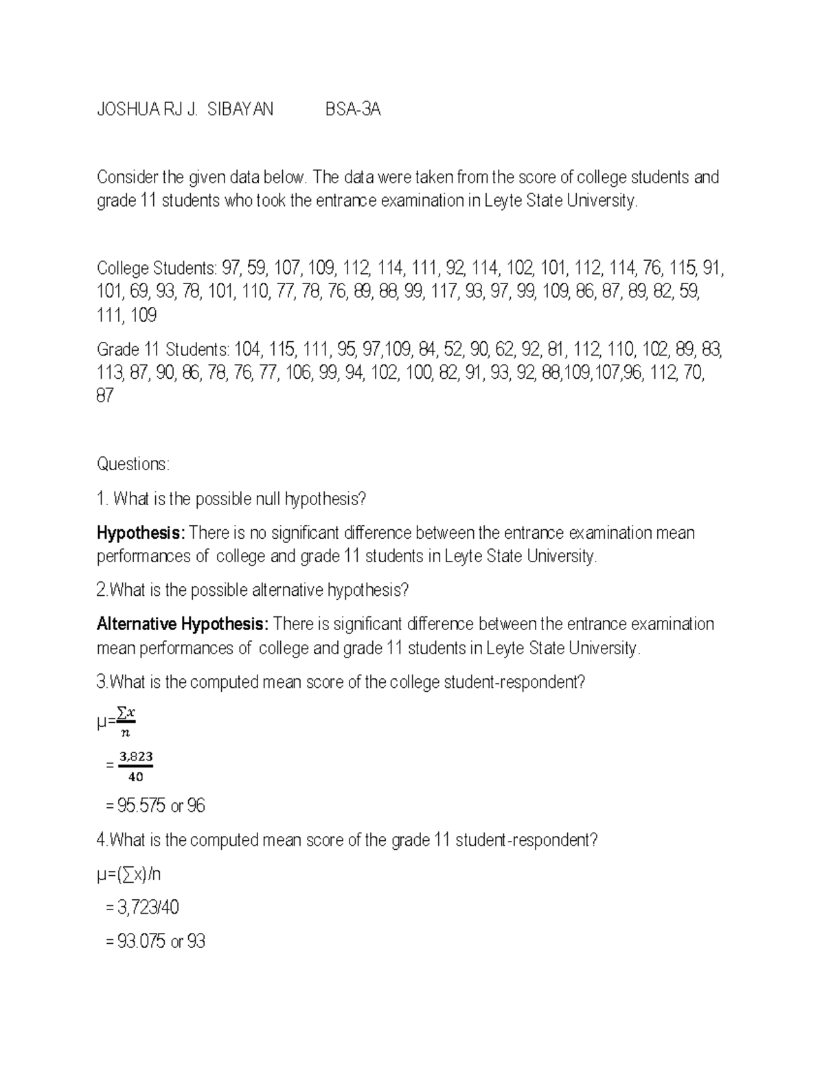 Statistics, Activity (BSA-3A) - JOSHUA RJ J. SIBAYAN BSA-3A Consider ...