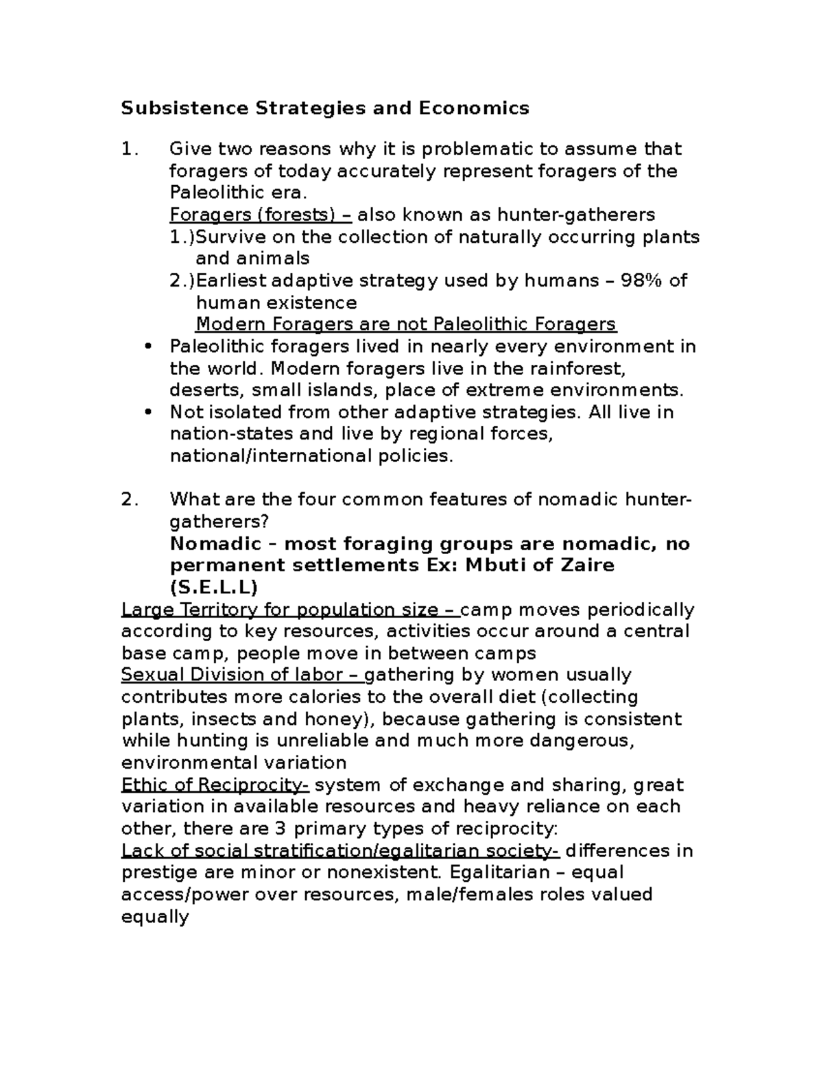 Cultural Anthro 201 Final Review Sheet - Subsistence Strategies and ...