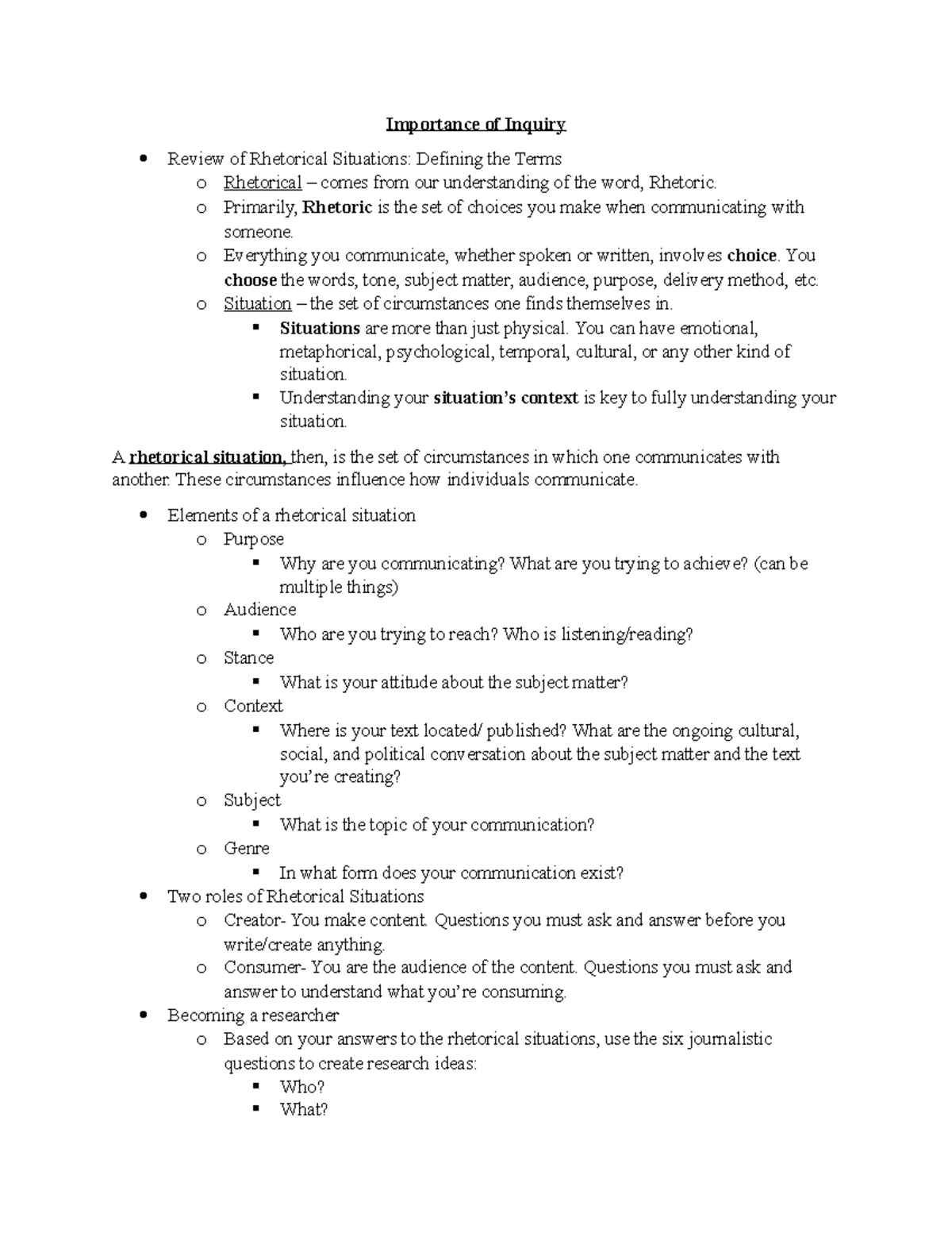 Importance of Inquiry - Lecture Notes from Class - Importance of ...