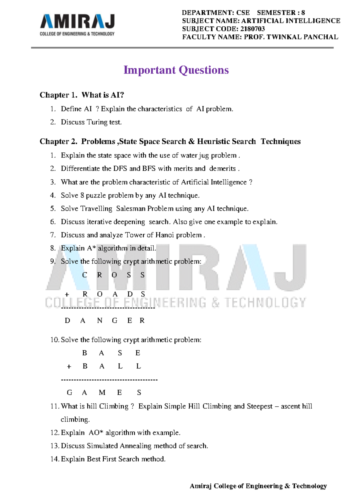 2180703-ai -question-bank - DEPARTMENT: CSE SEMESTER : 8 SUBJECT NAME: ARTIFICIAL INTELLIGENCE ...
