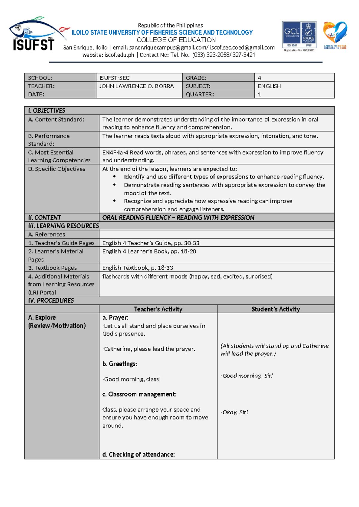 Lesson Plan Sample - ILOILO STATE UNIVERSITY OF FISHERIES SCIENCE AND ...
