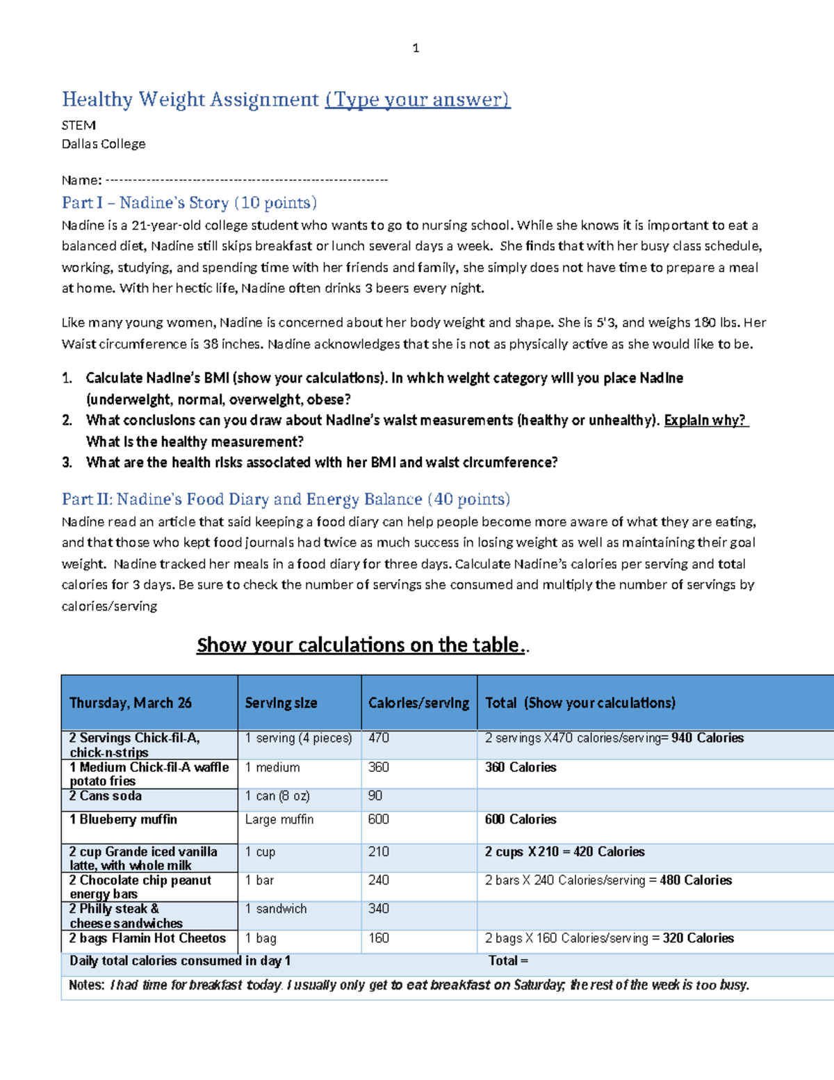 Healthy Diet Assignment - Healthy Weight Assignment (Type your answer) STEM Dallas College Name ...
