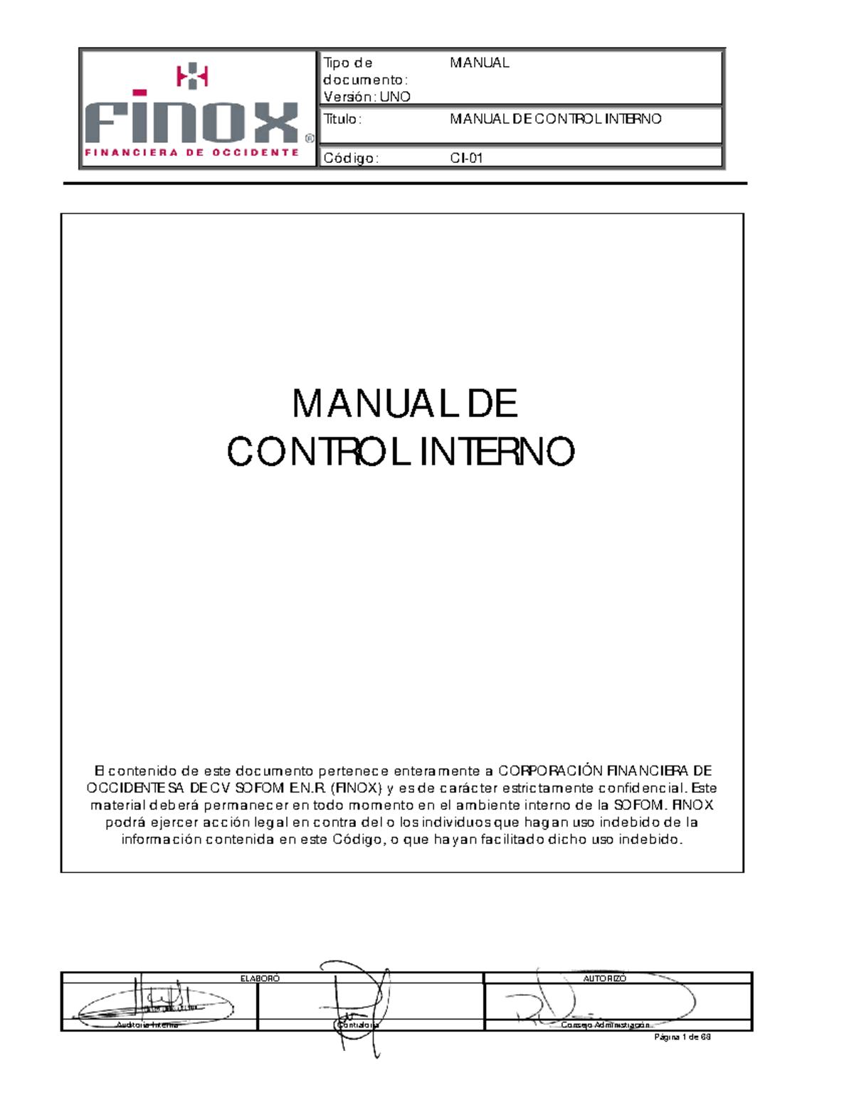 Manual DE Control Interno - d o c um e nto : Ve rsió n: UNO Título : M ...