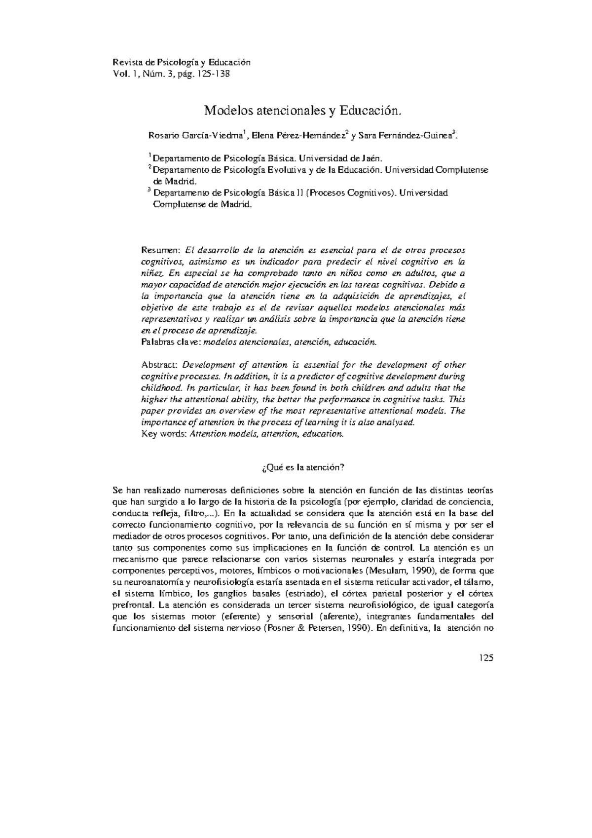 Modelos atencionales - ... - Revista de Psicología y Educación Vol. 1, Núm. 3, pág. 125- Modelos ...