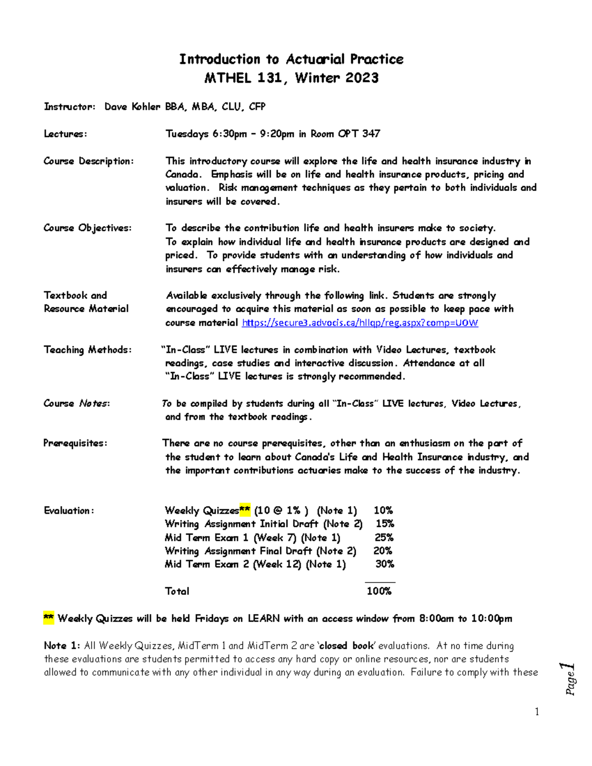 Mthel 131 outline - Introduction to Actuarial Practice MTHEL 131 ...