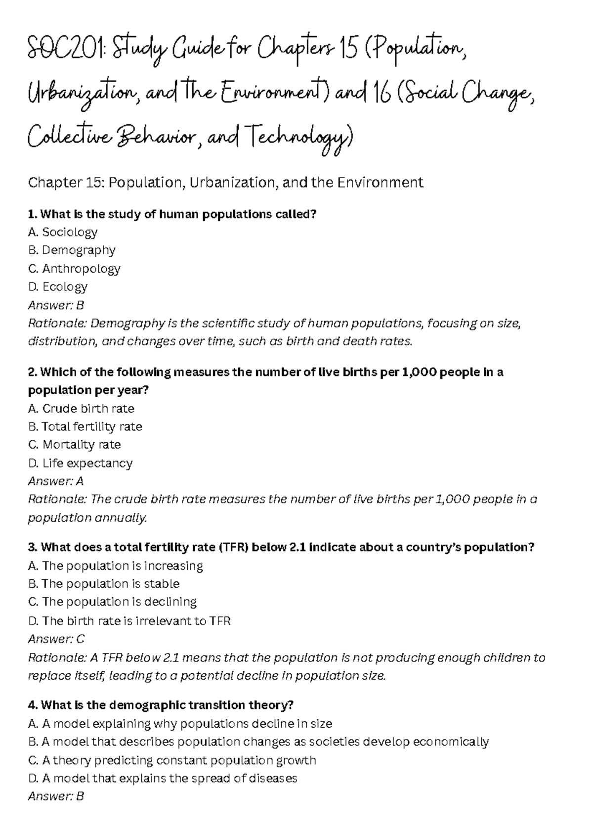 SOC201 Study Guide for Chapters 15 (Population, Urbanization, and the ...