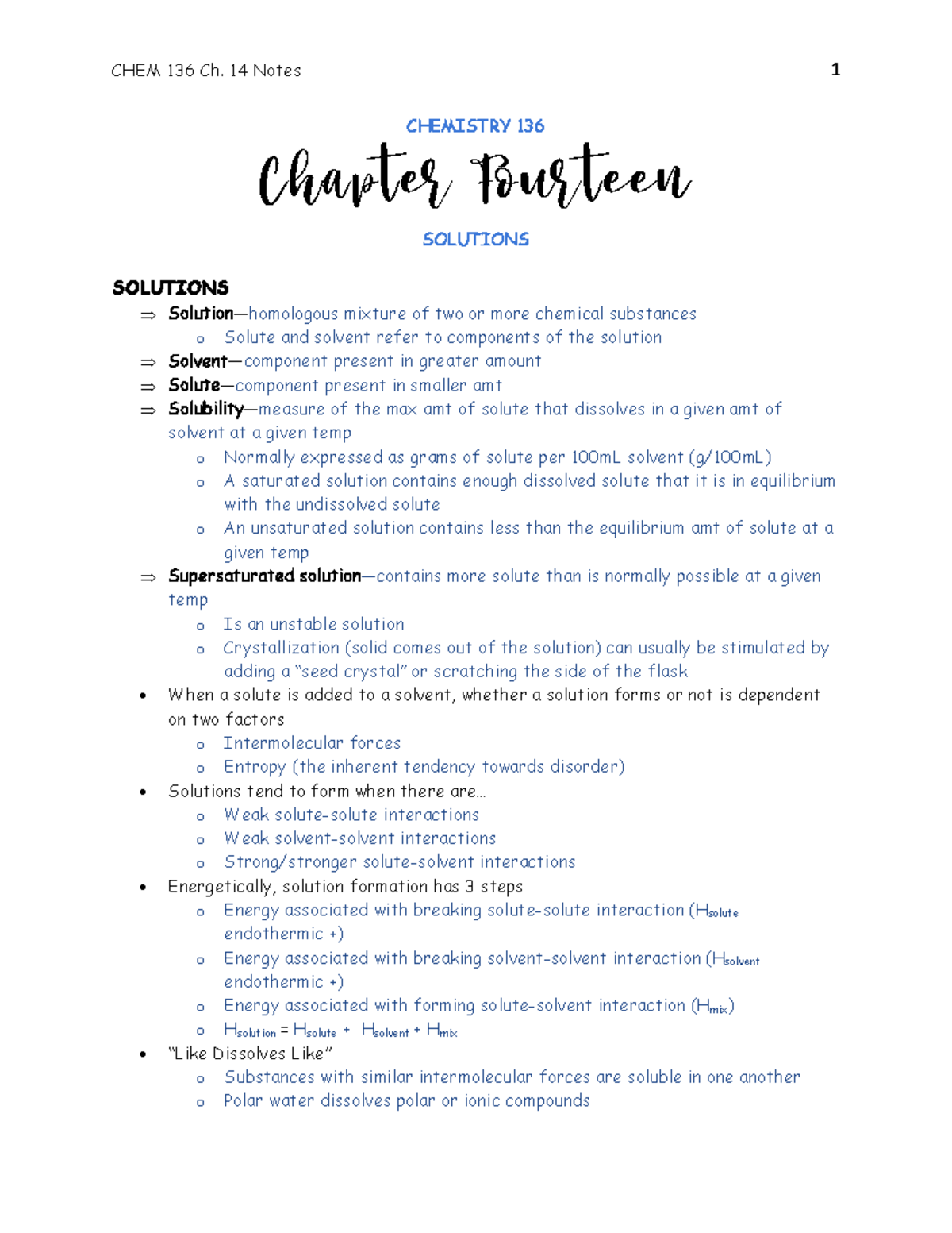CHEM 136 Ch. 14 Notes - CHEMISTRY 136 Chapter Fourteen SOLUTIONS ...