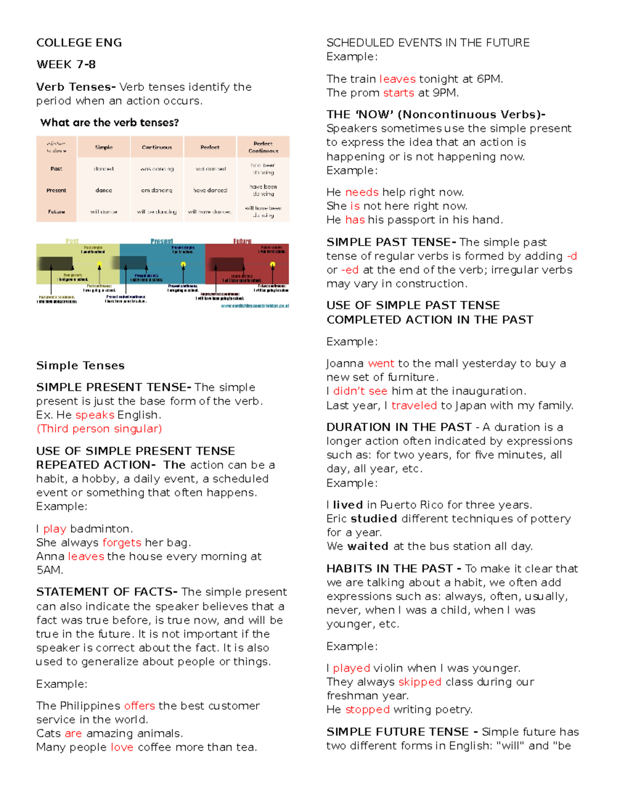 College ENG (midterm) - COLLEGE ENG WEEK 7- Verb Tenses- Verb tenses ...