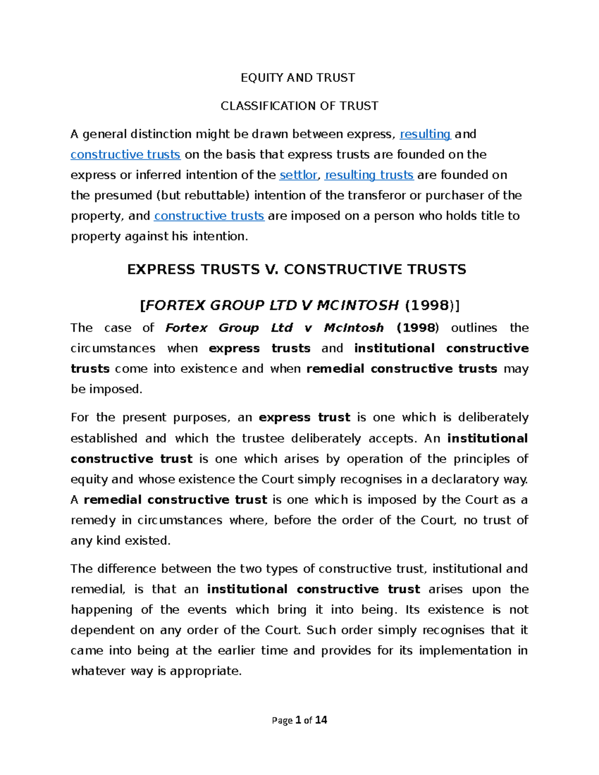 Classification OF Trust - EQUITY AND TRUST CLASSIFICATION OF TRUST A ...