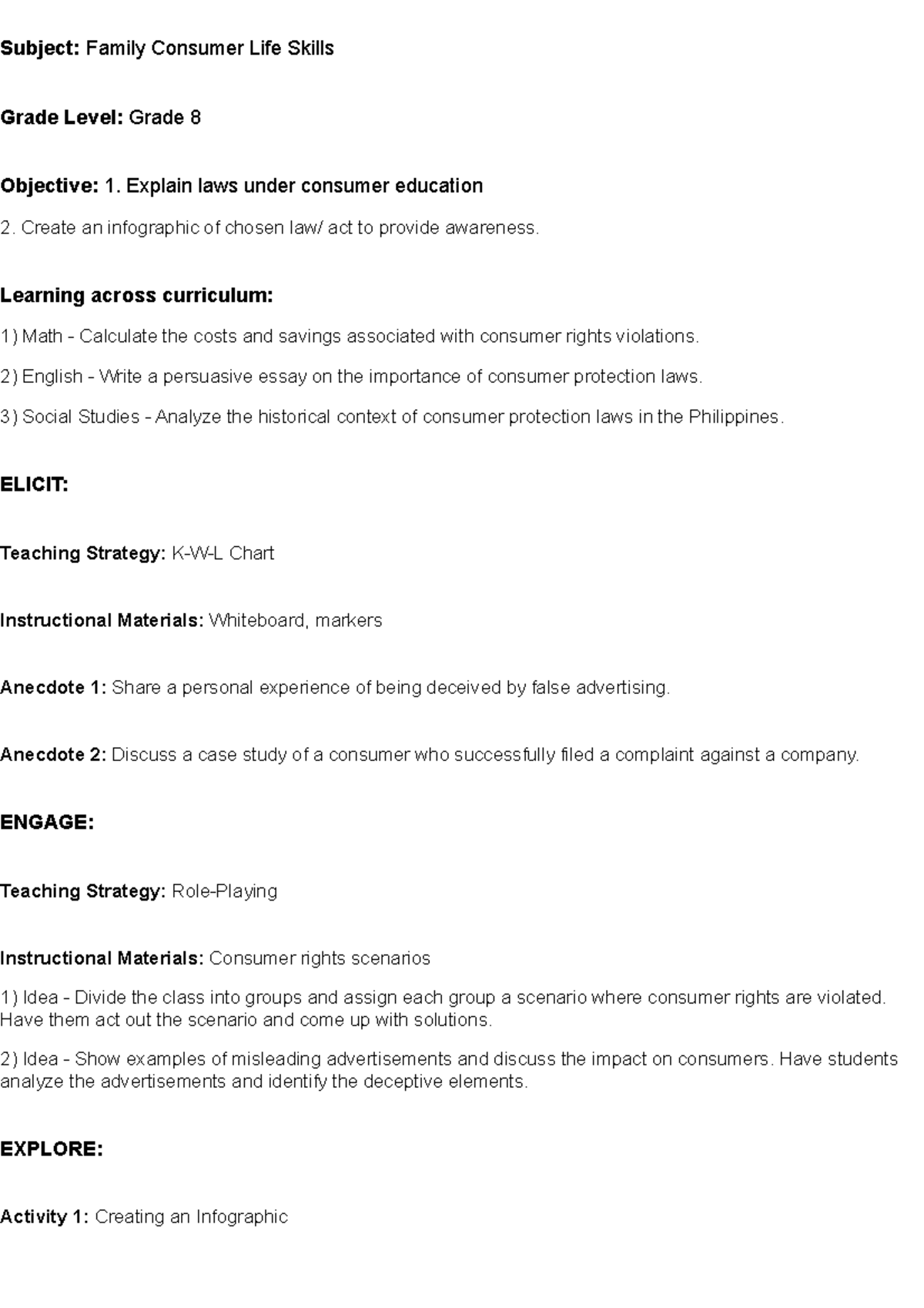 Lesson plan - Subject: Family Consumer Life Skills Grade Level: Grade 8 ...