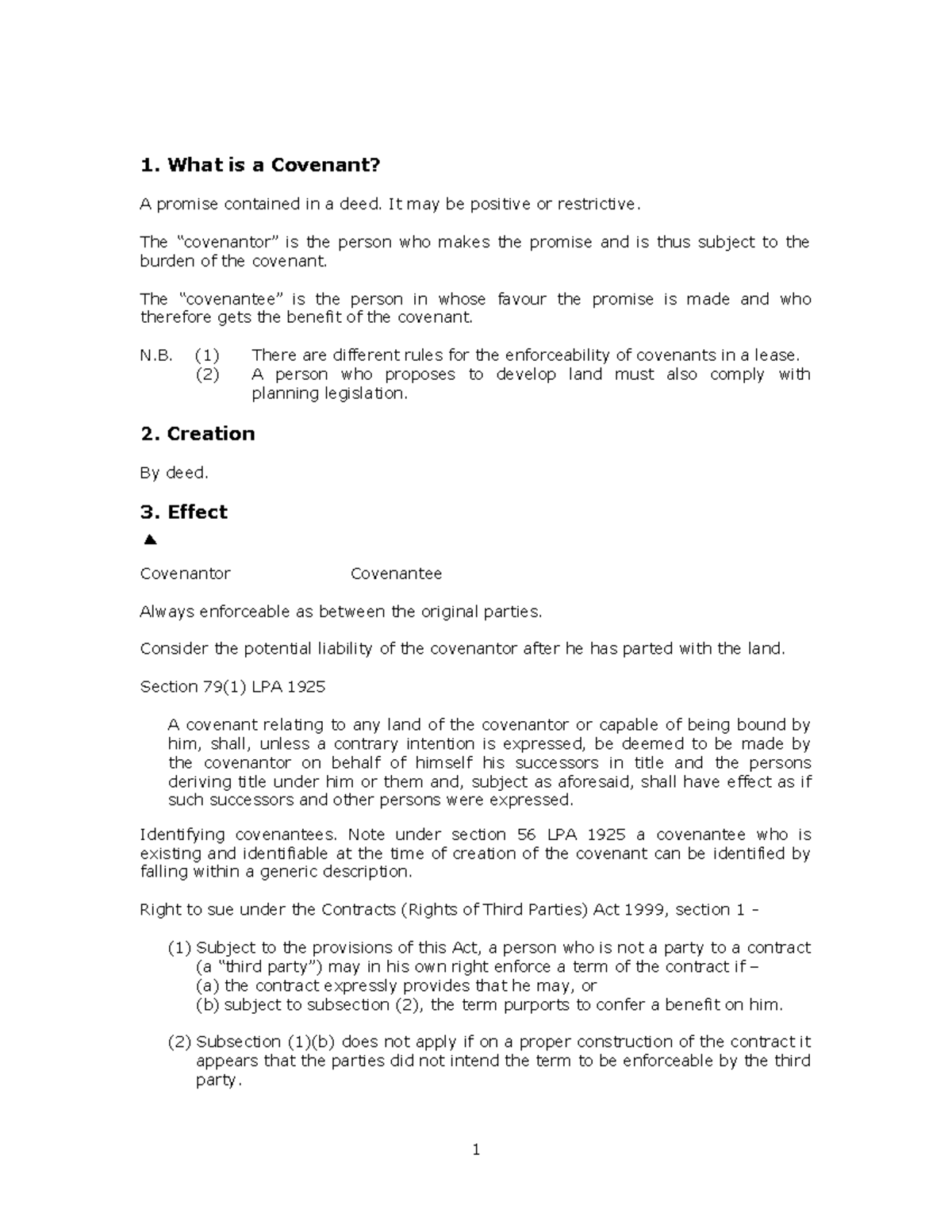 Covenants Notes - 1. What is a Covenant? A promise contained in a deed ...
